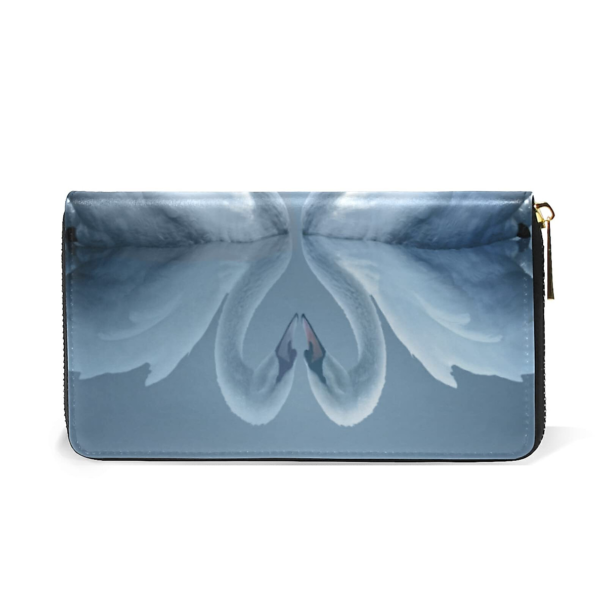 Two Swan Ducks Making Heart Swimming on Water Beautiful Scene Leather Long Wallet Organizer with Zipper Purse Clutch Bag for Women Men