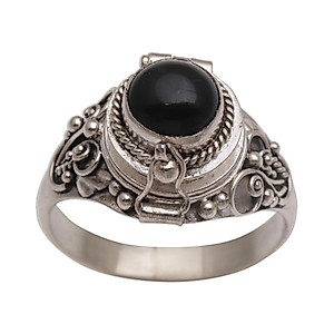 NOVICA Artisan Handmade Onyx Locket Ring 925 Sterling Silver from Bali Black Cocktail Indonesia Birthstone [crownbezel 0.5 in H x 0.4 in W x 0.3 in D Band Width 3 mm W] ' Gerhana Shrine'