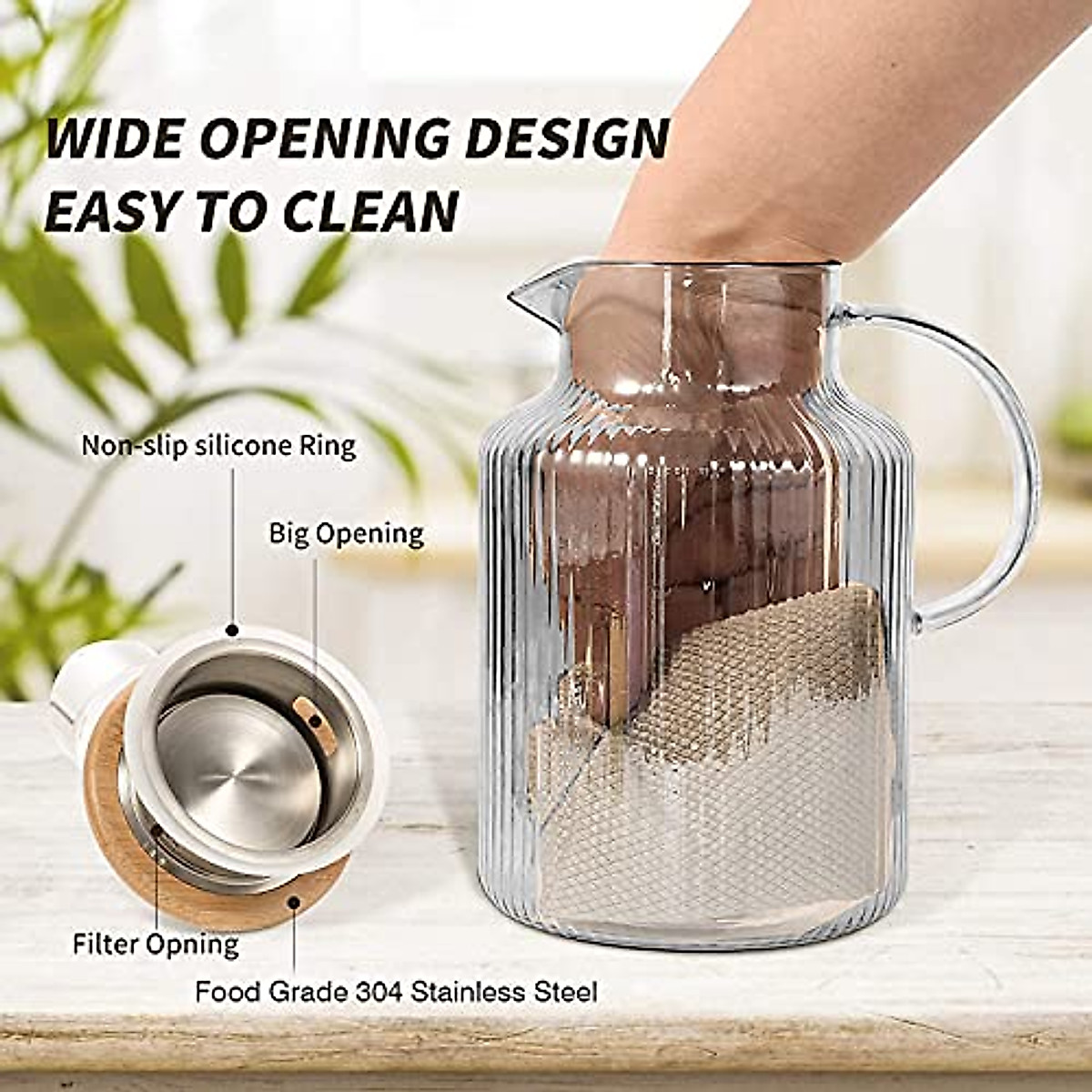 LUCKY-GO Glass Pitcher with Filter Lid, Spout and Handle, 61 Ounces Heat Resistant Borosilicate Glass Water Pitcher, Glass Carafe with Brush for Hot Cold Water, Milk, Iced Tea, Juice, Beverage, Gray