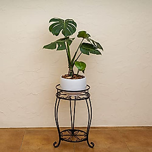 FaithLand Plant Stand, Heavy Duty Metal Planter Holder Indoor Outdoor, 2 Tier Round Potted Supports Rack, Corner Display Shelf Black