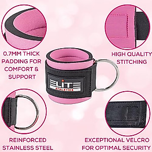Elite Athletics Barbell Squat Pad with Secure Straps & Carry Bag for Hip Thrusts, Pair of Gym Ankle Straps for Cable Machines, 2 Hip Resistance Bands, 2 Wrist Lifting Straps (Pink)