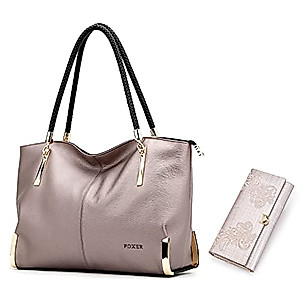 FOXER Leather Totes & Wallets 2 PCS Set, Metallic Handbags with Embroidered Wallets