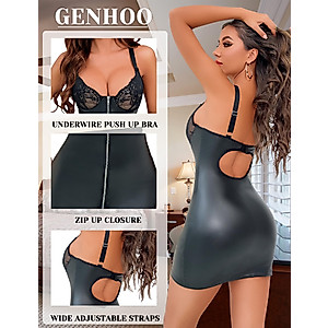 Genhoo Wommen Black Lingerie Mini Dress Zip Up Leather Teddy Dress Backless Mesh Chemises Goth Clubear Babydoll S