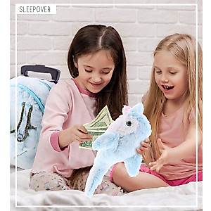 DolliBu Dolphin Plush Trolley and Purse Set - 3-in-1 Kids Trolley, Backpack, Blue Dolphin Purse, Soft Plush Backpack on Wheels, School Rolling Bag with Removable Plush Toy- 15"