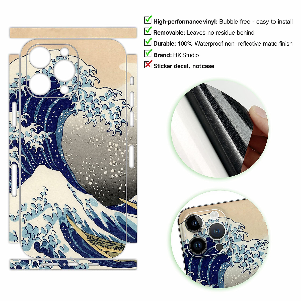 HK Studio Great Wave Skin Decal (Not Case) for iPhone 14 Pro Max - No Bubble, Slim, Waterproof - Protecting & Personalizing iPhone's Back, Camera, Frame Blue