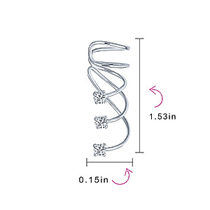 Triple Spiral CZ Curved Crawlers Wire Cubic Zirconia Cartilage Ear Cuff Pin Earring For Women Teen .925 Sterling Silver
