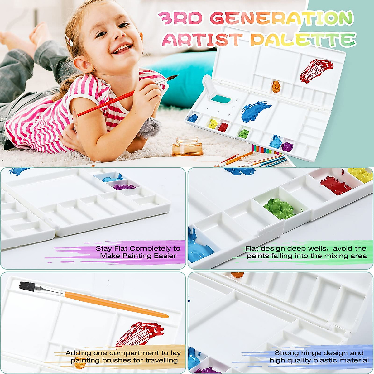 Junreox Watercolor Palette, Large Watercolor Palette with 24 Wells and 5 Mixing Areas, Premium Paint Pallet with Lid, Folding Paint Tray, Plastic Painting Palette with Thumbhole