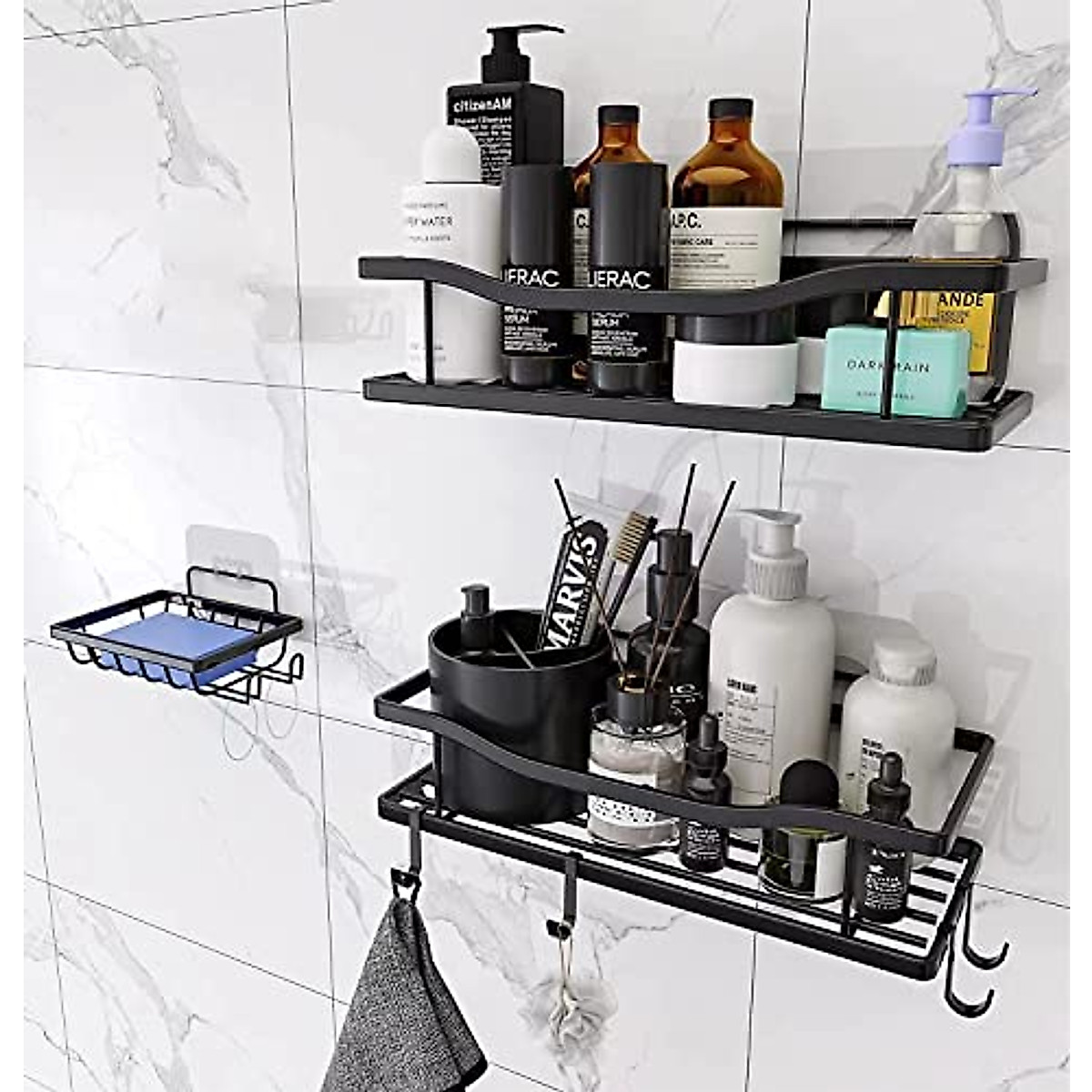 NEFISE 3 Pack Corner Shower Caddy Shower Shelf Adhesive Shower Rack with Hooks,Shower Organizer for Bathroom Toilet Kitchen, Shower Storage for 90° Wall (3-PACK)