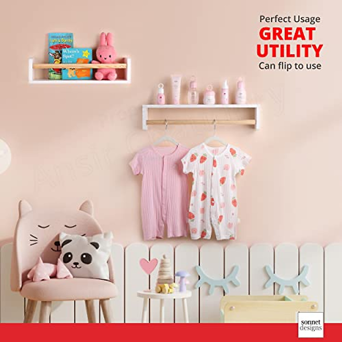 Sonnet Designs Floating Nursery Book Shelves for Wall 3 Pack White Nursery Wall Mount Bookshelf for Kids Room Toddlers Toys Wood Book Shelf Usable in Home, Kitchen, Bathroom, Floating Wall Ledge