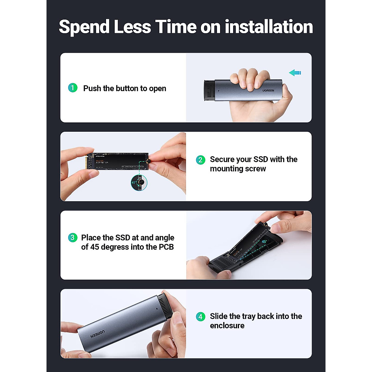 UGREEN NVMe and SATA M.2 Enclosure Tool-Free, 10Gbps USB C 3.2 Gen2, Supports UASP Trim, NVMe SSD Enclosure Supports M and B&M Keys 2280/2230/ 2242/2260 SSDs