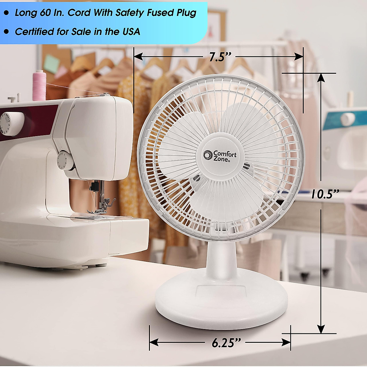 Comfort Zone CZ6D 6" Quiet Portable Indoor 2-Speed Desk Fan with Clip and Fully Adjustable Tilt, White
