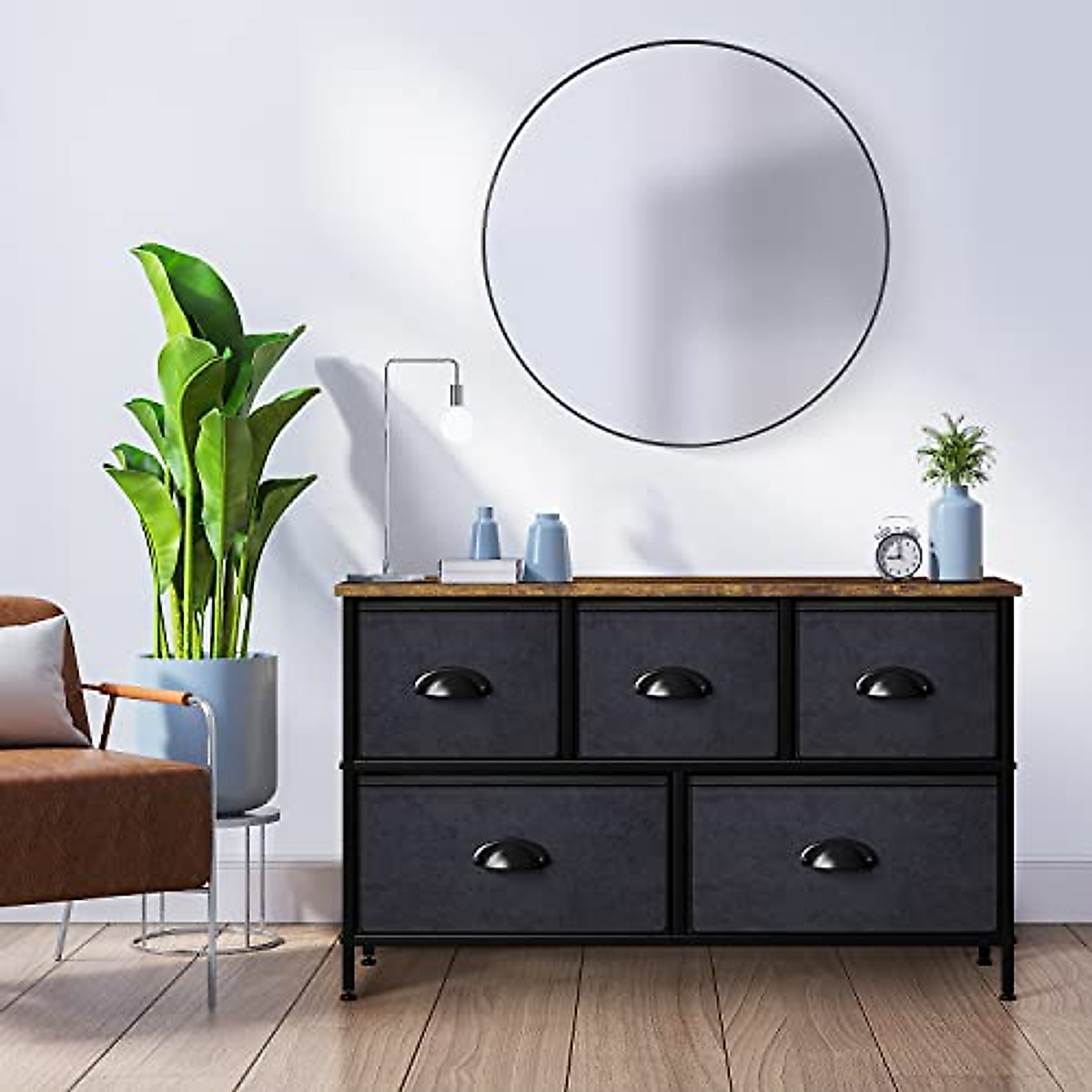 Sorbus Dresser with 5 Drawers - Storage Chest Organizer Unit with Steel Frame, Wood Top, Easy Pull Fabric Bins - Long Wide TV Stand for Bedroom Furniture, Hallway, Closet & Office Organization