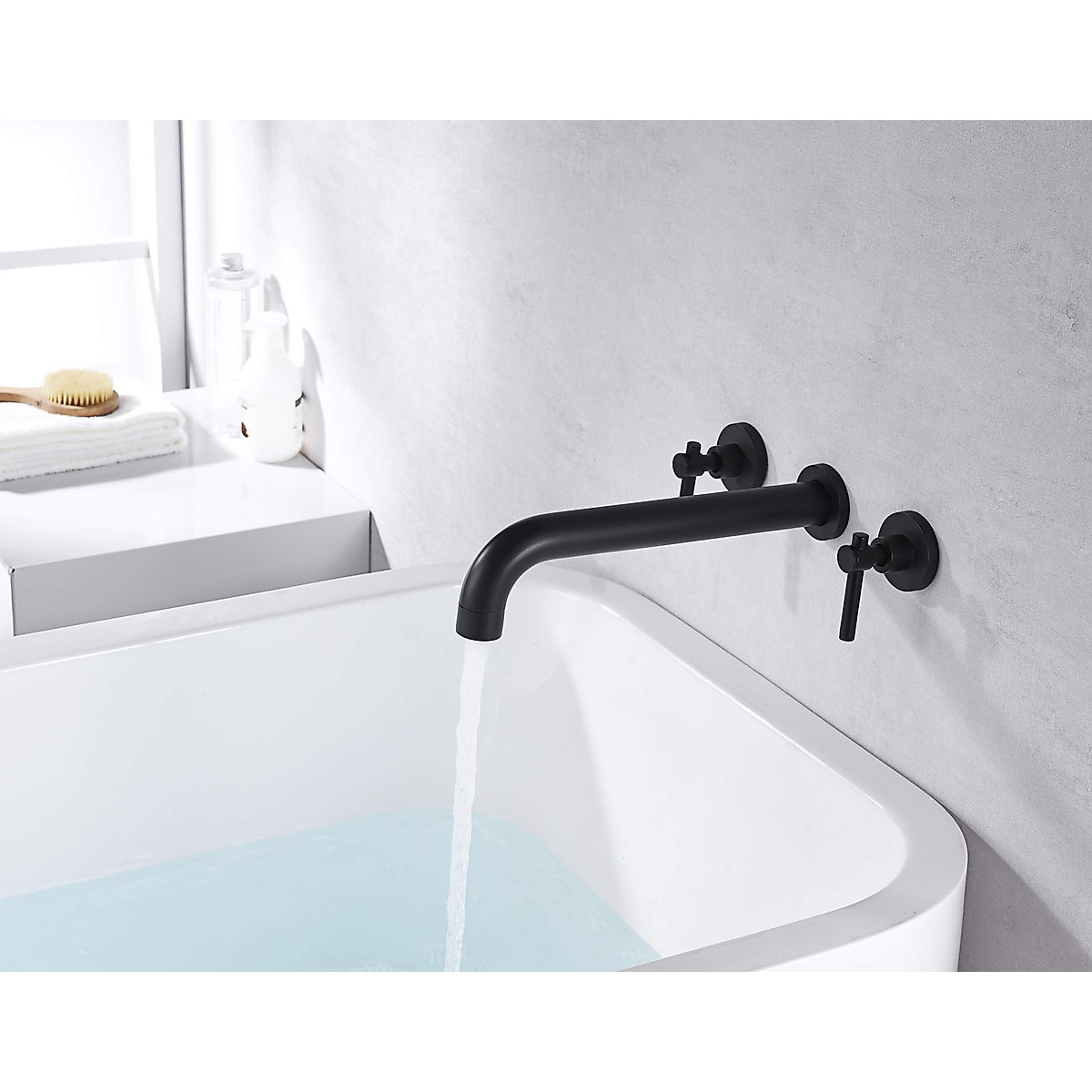 Wall Mount Tub Filler Matte Black Tub Faucet High Flow Two Handles Solid Brass, Long Spout Reach, sumerain