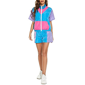 Yisfri Women's Vintage 80s 90s Style 2 Piece Outfit Short Sleeve Zip Front Windbreaker Tracksuit Themed Party Workout Set (Blue, XL)