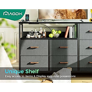 AODK Dresser with Charging Station, 52 Inches Long Dresser for Bedroom with 7 Large Fabric Drawers, Dresser TV Stand with Open Shelves for 55-Inch TV for Living Room, Dark Grey and Black