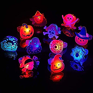 50 Pack Halloween LED Glow Ring for Kids, The Dark Birthday Party Supplies Prizes Classroom LED Halloween Christmas Light up Toys Flash Finger Rubber Rings 10 Shape Ghost Pumpkin Skeleton Spider Bat