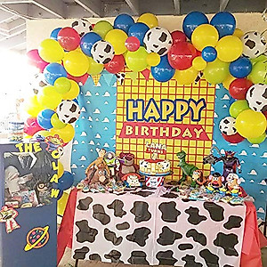 Toy Inspired Story Party Balloons Arch, 120pcs Cow Pattern Printed White Balloons Green Red Blue Yellow Latex Balloons with Balloon Strip for Baby Shower, Kids Birthday Party Backdrop Decorations