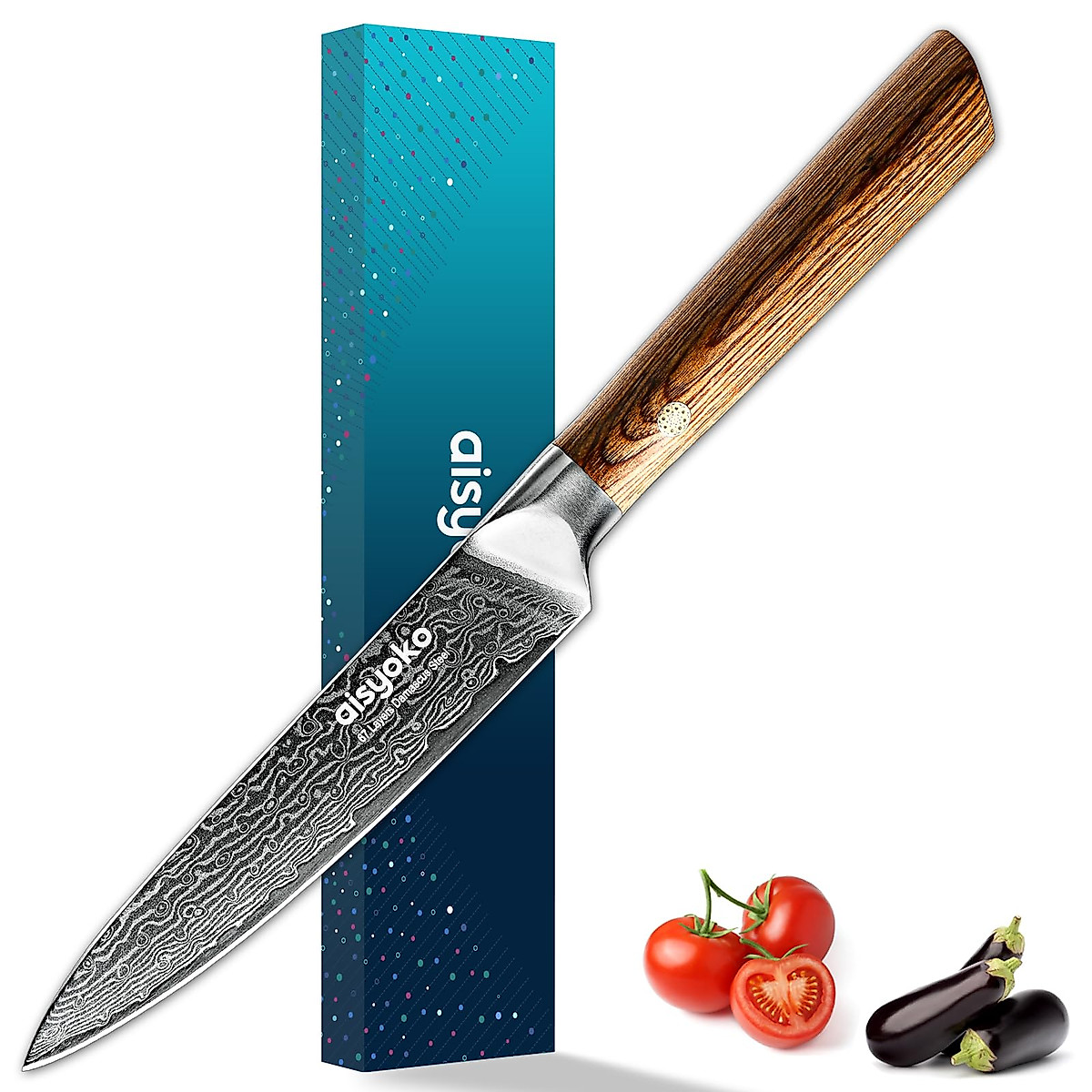 aisyoko Paring knife 5 inch sharp fruit utility knife-Japanese VG-10 super steel 67 layer Damascus steel knife-for carving and peeling-luxury gift box with color wooden handle-with scabbard