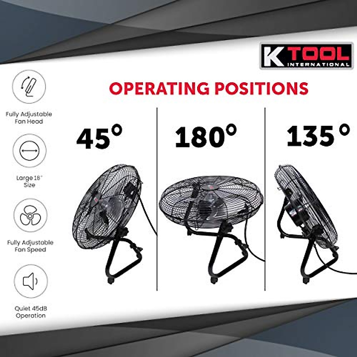 K Tool International 77721; 18” Floor Fan; Commercial, Residential, and Industrial Use, 3 Speed High Velocity Motor, Multiple Angle Tilt for Various Positions, 2,447 Max CFM, 1 Year Warranty, Black
