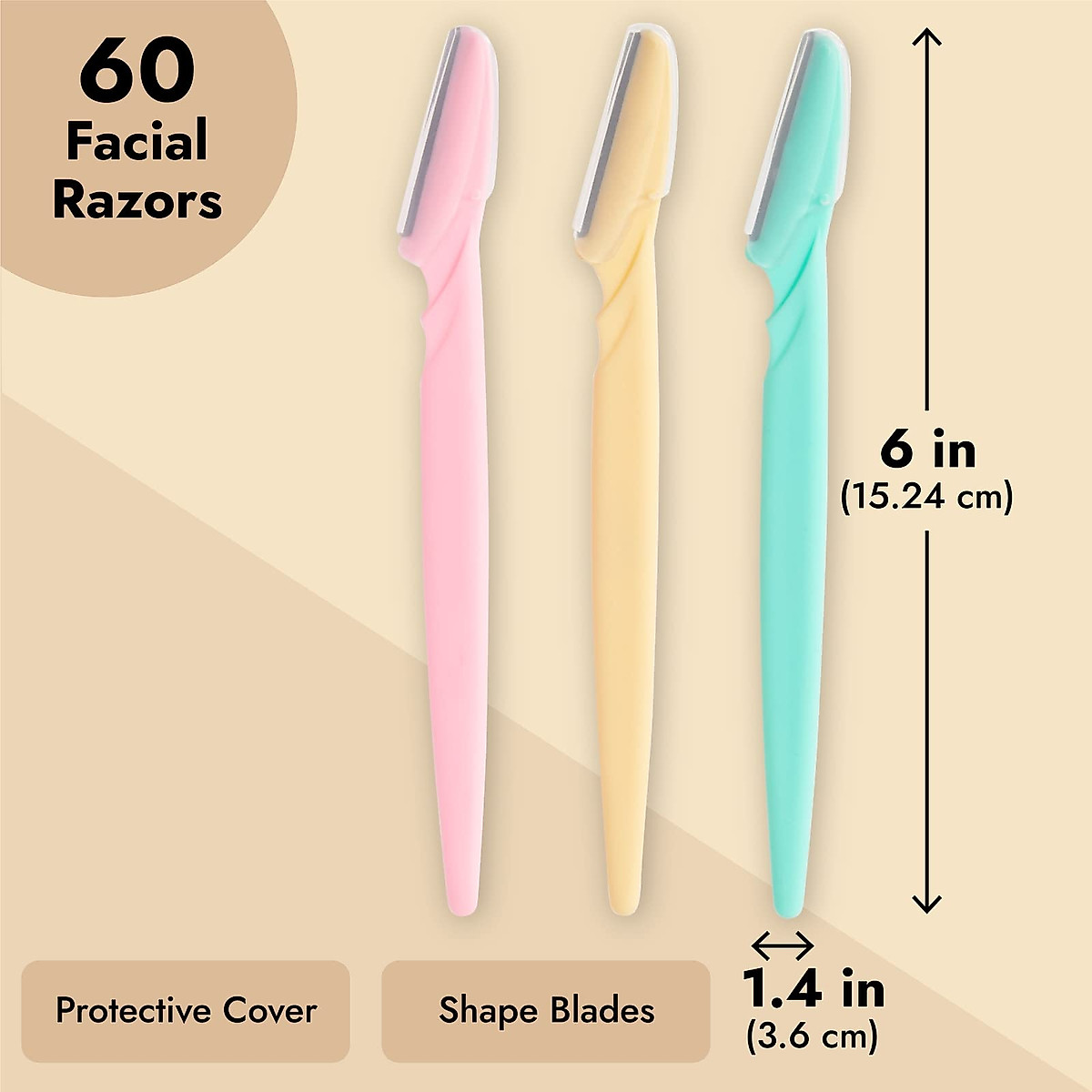 Glamlily 60-Pack Eyebrow Facial Razor for Women, Multipurpose Dermaplane Hair Remover Trimmer Tool, Colorful Shaving Tool Bulk Set, Disposable Self-Care (3 Colors, 6x1.4 In)
