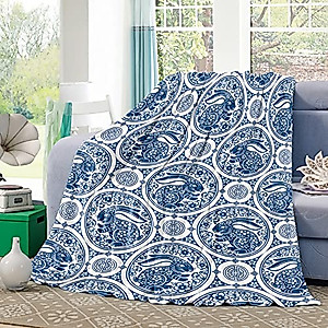 Flannel Throw Blanket Blue Rabbit Vintage Floral,Lightweight Soft Warm Fleece Blankets for Sofa Couch Bedroom,Cute Bunny Flower Chinese Style Cozy Fuzzy Microfiber Throws for All Seasons 50x60In