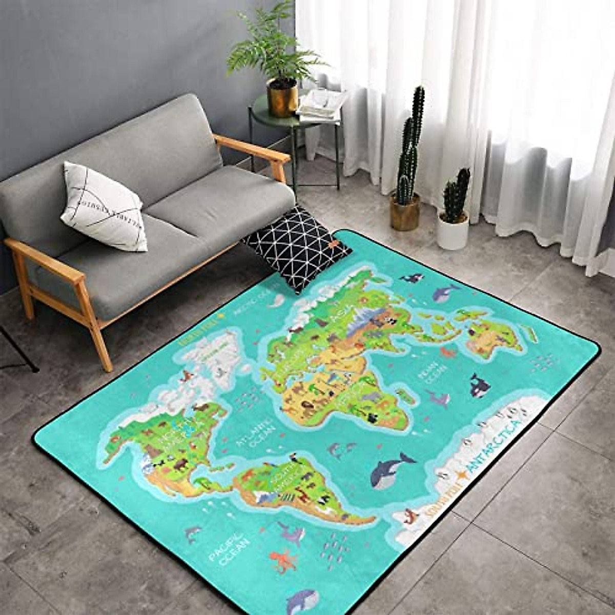 YEAHSPACE World Map Rug 60x39 inch Learning Game Study Room Classroom Library Playroom Decoration-Cartoon World map