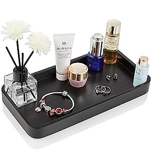 ALELION 10" Bathroom Vanity Tray for Counter - Wood Tray for Dresser Tops Perfume Jewelry Candle Key Catchall - Black Kitchen Countertop Organizer for Soap Dispenser and Sponge Holder