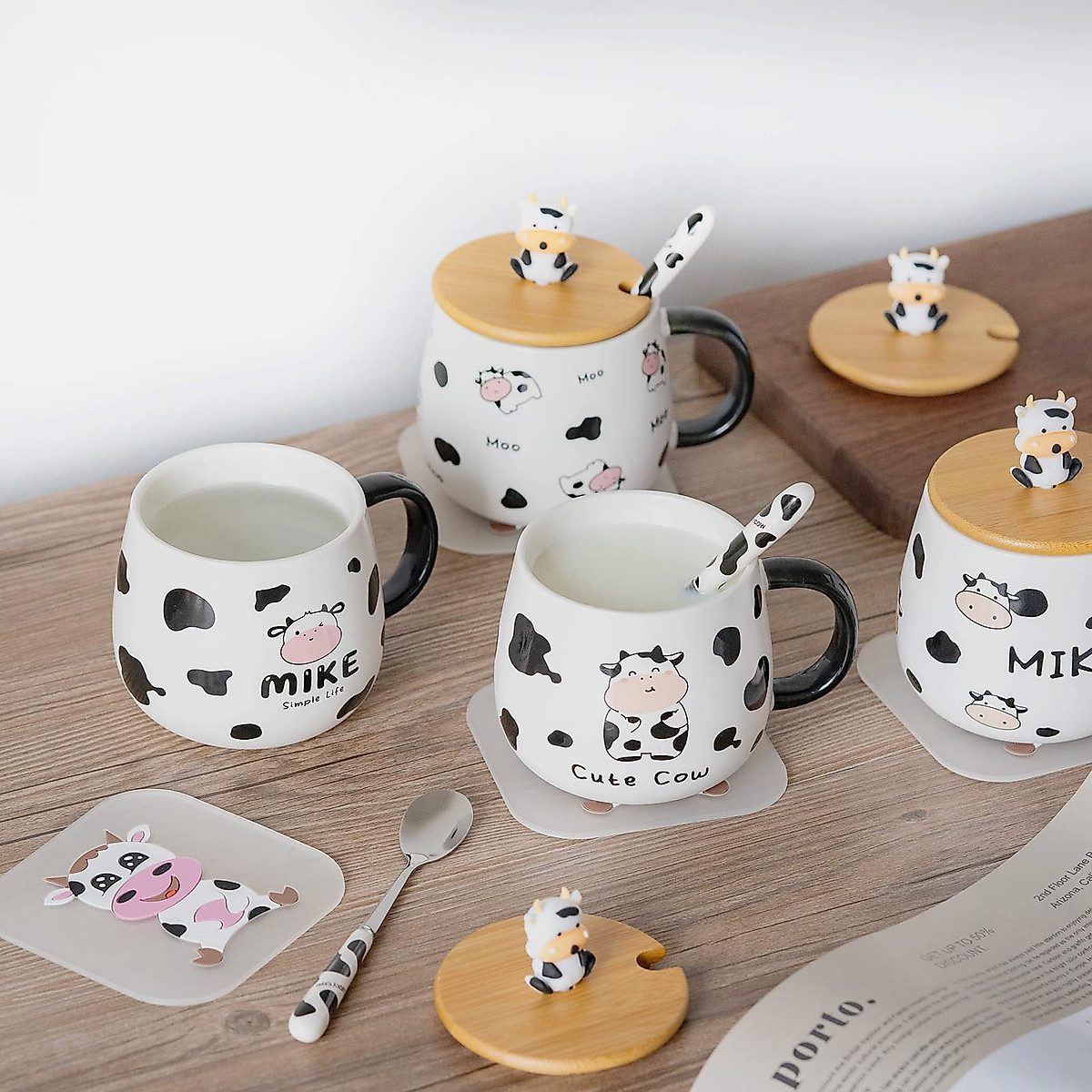 SHENDONG Cute Cow Coffee Mug with Lovely Lid,kawaii coaster and Spoon,Cow Print Stuff Gifts,Ceramic Tea Cup,Kawaii Cow Mugs,Funny 3D Animal Cow Mug,Birthday Gifts for Women, Cow Lovers, Girls Kids