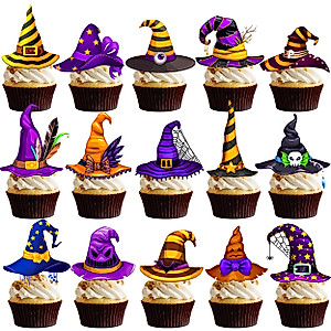 48Pcs Witch Hat Cupcake Toppers Halloween Party Decorations Halloween Witch Hay Theme Cupcake Decorations for Witch Hat Themed Birthday Party Baby Shower Supplies