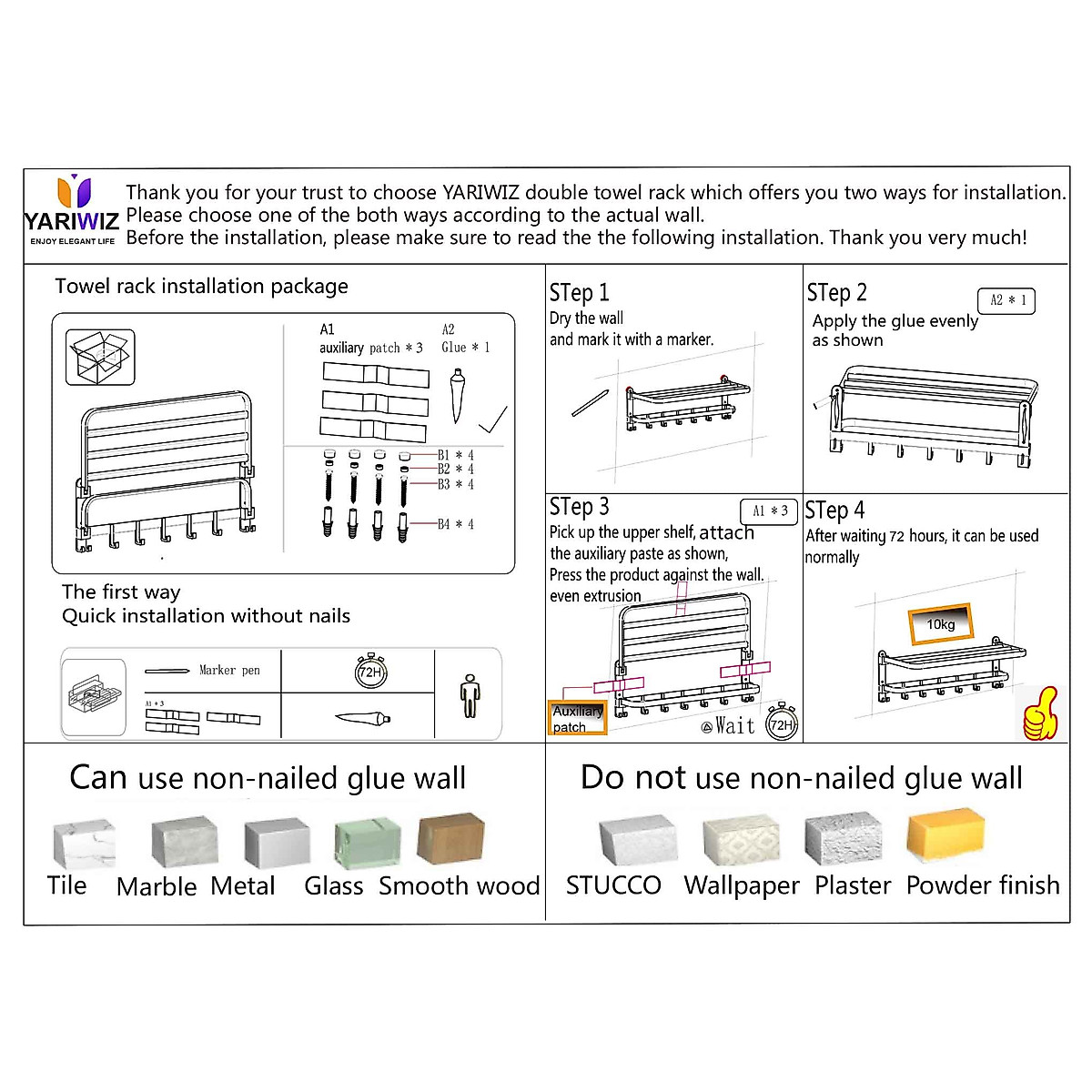 (1 Pack) Yariwiz Grey Towel Rack Wall Mounted No Drill and Screw Mounting, Bathroom Bath Shower Length 24 inch Double Towel Rod with Shelf Hotel Towel Rack B0502-GREY