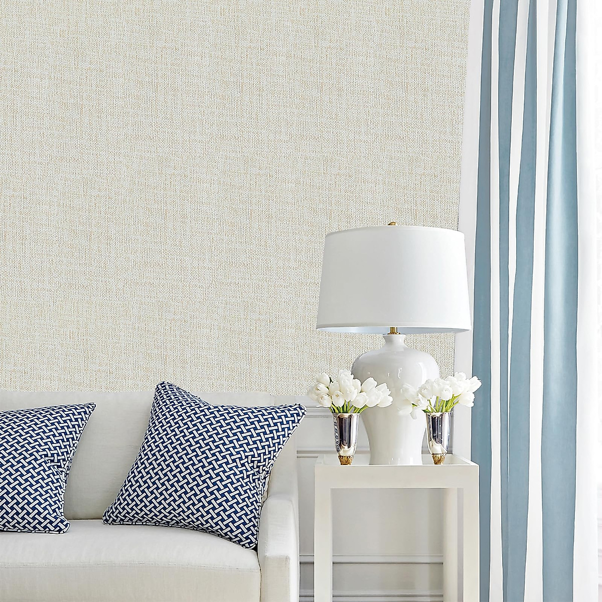 Yancorp 10ft Textured Fabric Cream Wallpaper Faux Grasscloth Beige Peel and Stick Self-Adhesive Linen Removable Wallpaper Cabinets Counter Top Liners