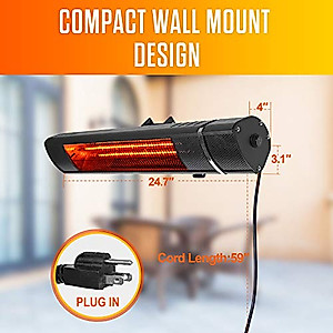 Electric Patio Heater, VQVG Outdoor Patio Heater, Infrared Outdoor Heater Wall Mount, 1500W Adjustable Setting with Remote Control, Waterproof IP65, Easy to Install, for Garage Patio, Black