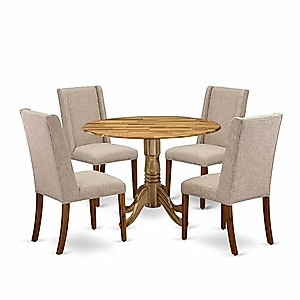East West Furniture DLFL5-ANA-04 5 Piece Dining Room Furniture Set Includes a Round Dining Table with Dropleaf and 4 Light Tan Linen Fabric Parsons Chairs, 42x42 Inch, Natural