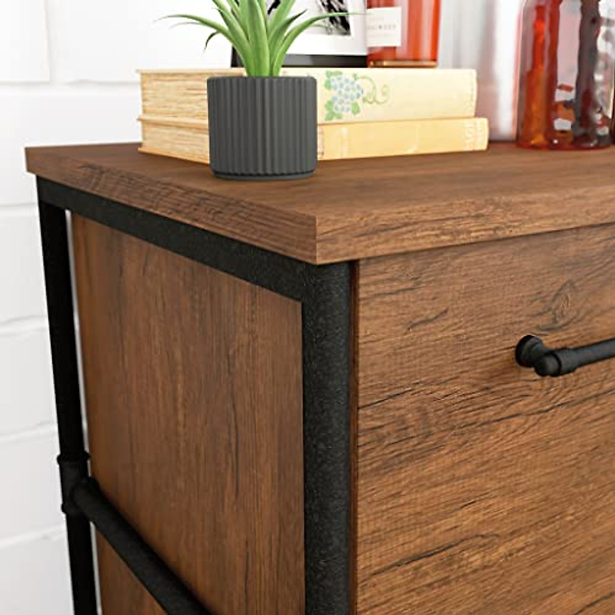 Sauder Iron City Lateral File, L: 31.50" x W: 20.00" x H: 30.00", Checked Oak Finish