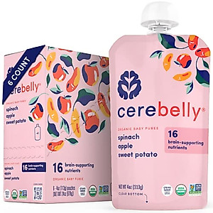 Cerebelly Baby Food Pouches – Spinach Apple Sweet Potato (4 oz, Pack of 6) - Toddler Snacks - 16 Brain-supporting Nutrients from Superfoods - Healthy Snacks, Gluten-Free, Non-GMO, No Added Sugar