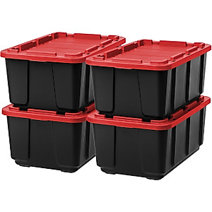 IRIS USA 27 Gallon Large Heavy Duty Storage Bins with Lids, 4 Pack - Made in USA, Snap On Lid Stackable Industrial Tough Totes, Rugged Tubs, Garage Organization, Rugged Reusable Boxes - Black/Red