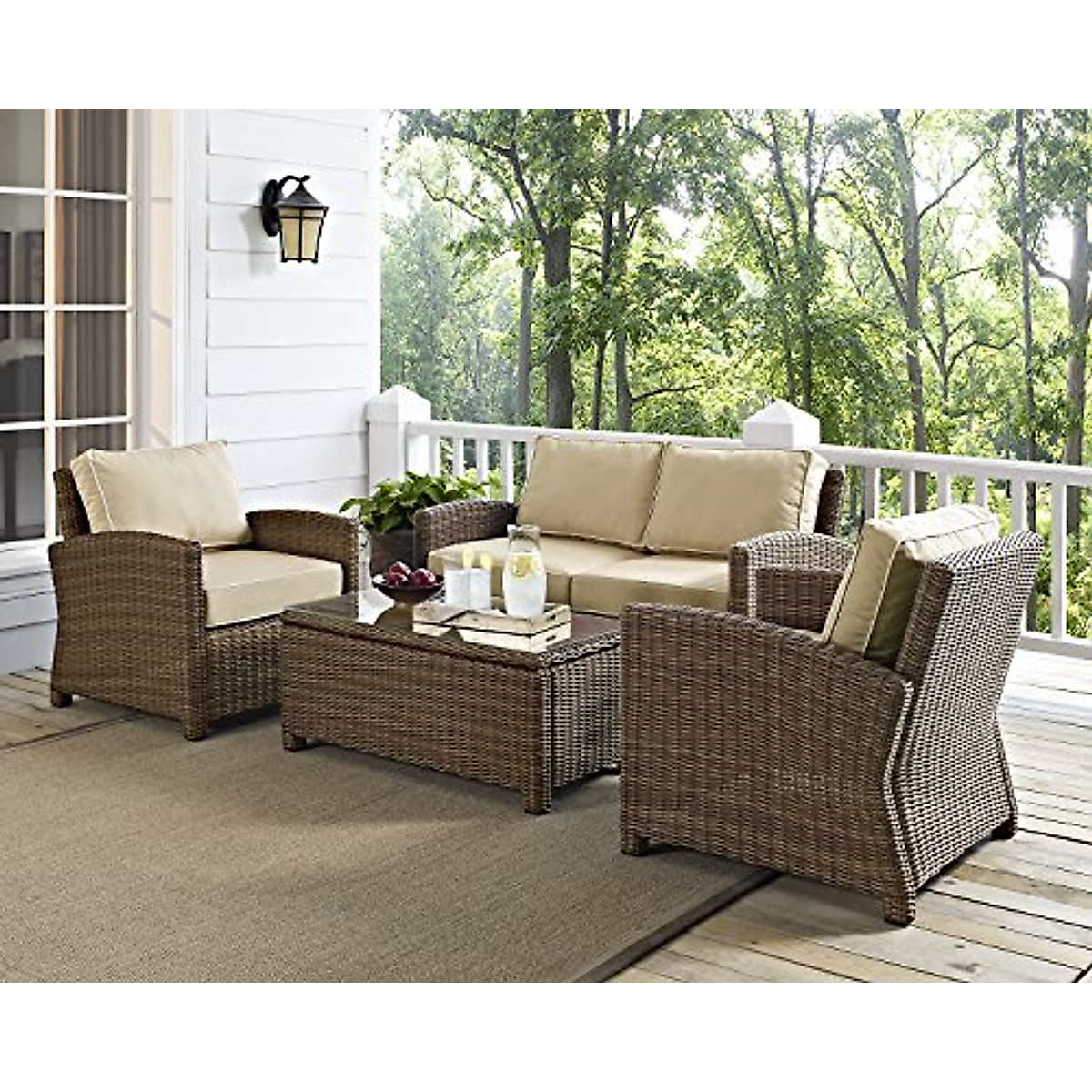 Crosley Furniture Bradenton 4-Piece Outdoor Loveseat Patio Furniture Set, Wicker Conversation Sets for Porch, Brown with Sand Cushions