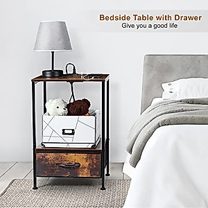 NANANARDOSO Nightstand with Charging Station, Bedside Table with USB Ports & Outlets, Furniture Bedside Table with Fabric Drawer, Charging Night Stand for Hallway, Living Room, Bedroom, Brown.
