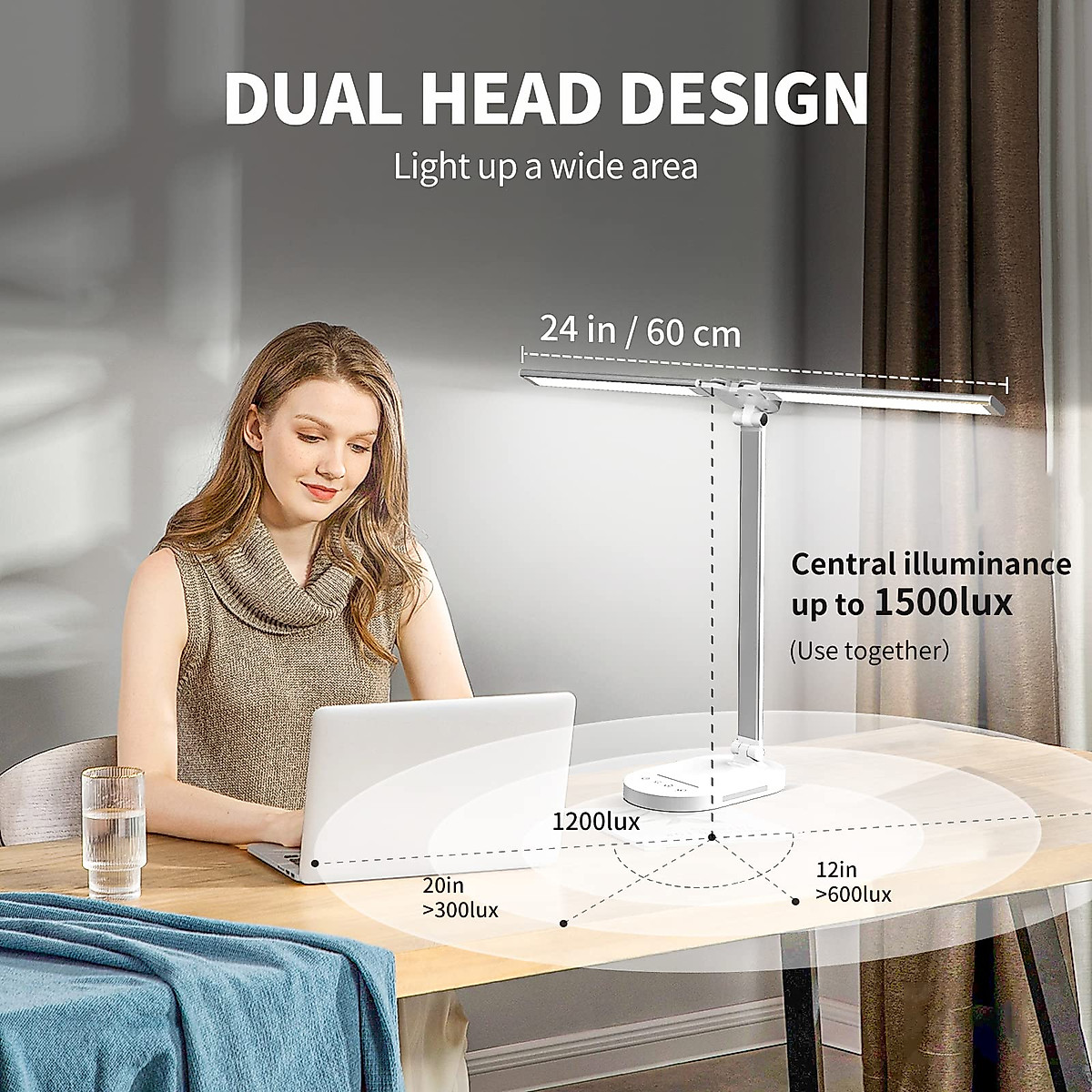 Double Head Desk Lamp for Home Office, Eye-Care Desk Light with USB Charging Port, Touch Control 5 Color Temperature & Brightness with Night Light Mode, 60min Timer Desktop Table Lamp for College Dorm