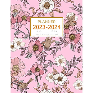Planner 2023-2024: 8.5 x 11 Large Notebook Organizer with Hourly Time Slots | May 2023 to April 2024 | Peaceful Flower Bird Design Pink