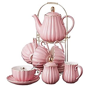 Jusalpha Fine China Pink Coffee Cup/Teacup Set, 7 OZ Cups& Saucer Service for 4, with Teapot-Sugar Bowl-Cream Pitcher Teaspoons and tea strainer for Tea/Coffee, 17-Pieces (TW Full set)