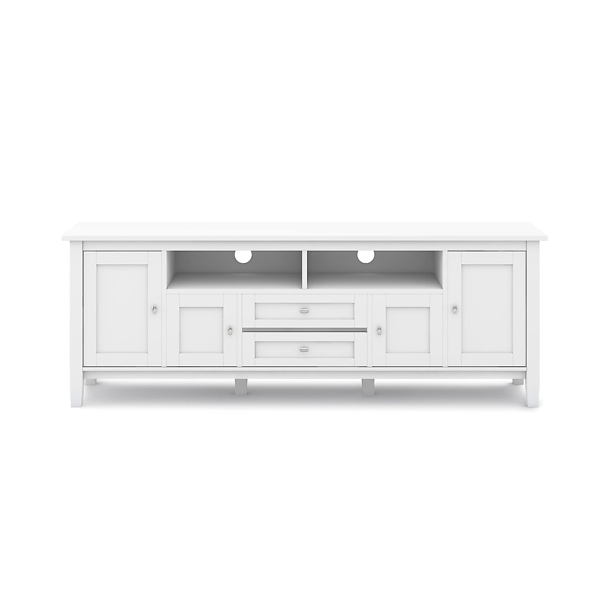 SIMPLIHOME Warm Shaker SOLID WOOD Universal TV Media Stand, 72 inch Wide, Farmhouse Rustic, Living Room Entertainment Center, Storage Shelves and Cabinets, for Flat Screen TVs up to 80 inches in White