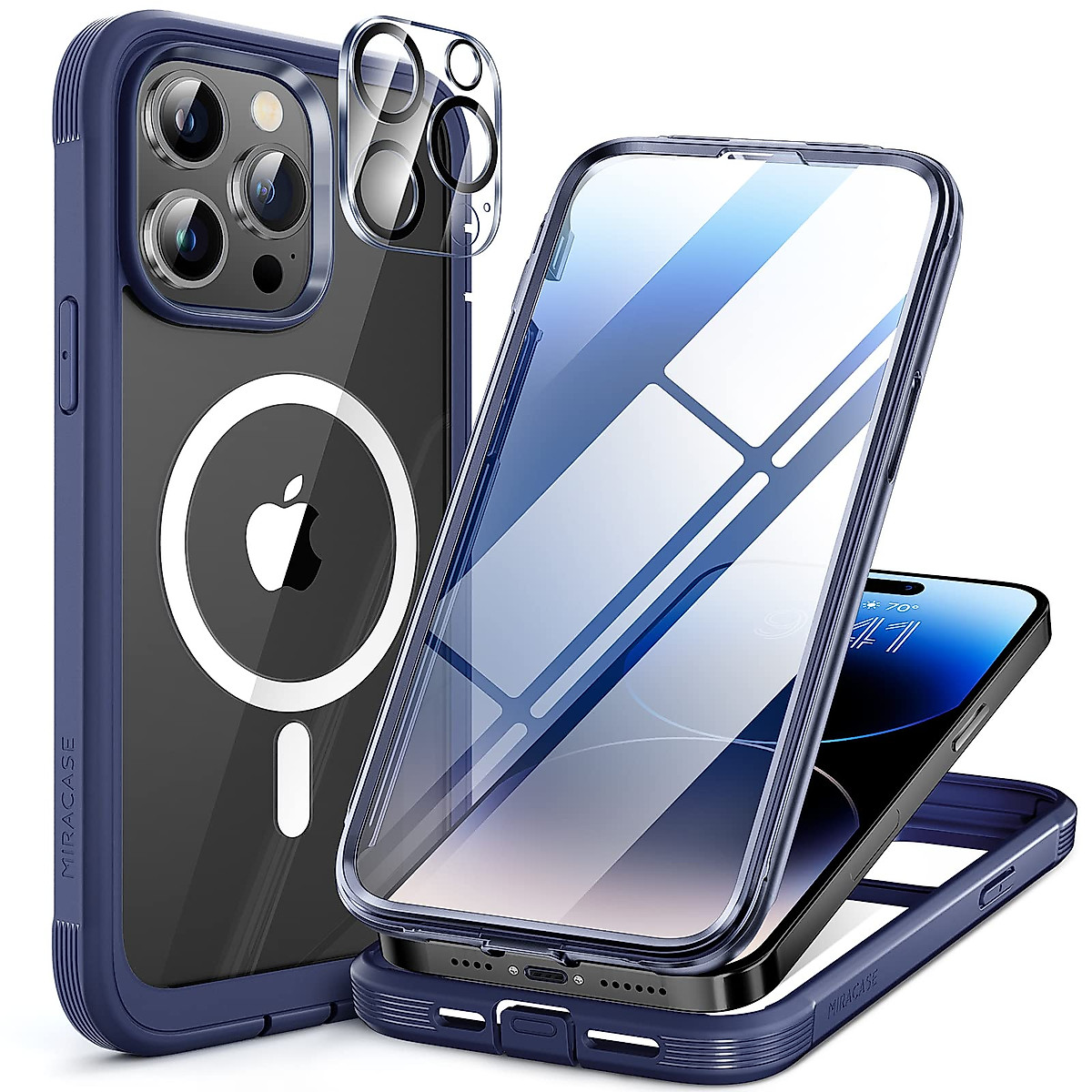 Miracase Magnetic for iPhone 14 Pro Case, [Compatible with MagSafe] [Built-in Tempered Glass Screen Protector] Full-Body Rugged Protective Case with Camera Lens Protector, Gem Blue