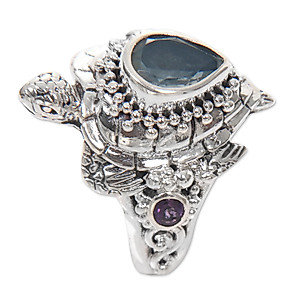 NOVICA Artisan Handmade Multi Gemstone Cocktail Ring Turtle Theme from Bali Sterling Silver Citrine Blue Topaz Amethyst Multigem Multicolor Purple Yellow Domed Indonesia Serenity Animal Themed [ring ]