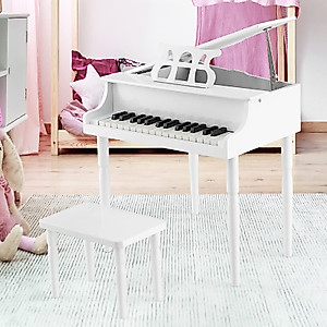 Goplus 30-Key Classical Kids Piano, Mini Grand Piano Wooden Learn-to-Play Musical Instrument Toy with Bench, Piano Lid, Music Rack, Gift for Boys Girls Aged 2+ Baby Tollder(4 Straight Leg-White)