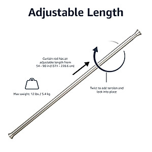 Amazon Basics Tension Curtain Rod, Adjustable 54-90" Width - Nickel, Classic Finial