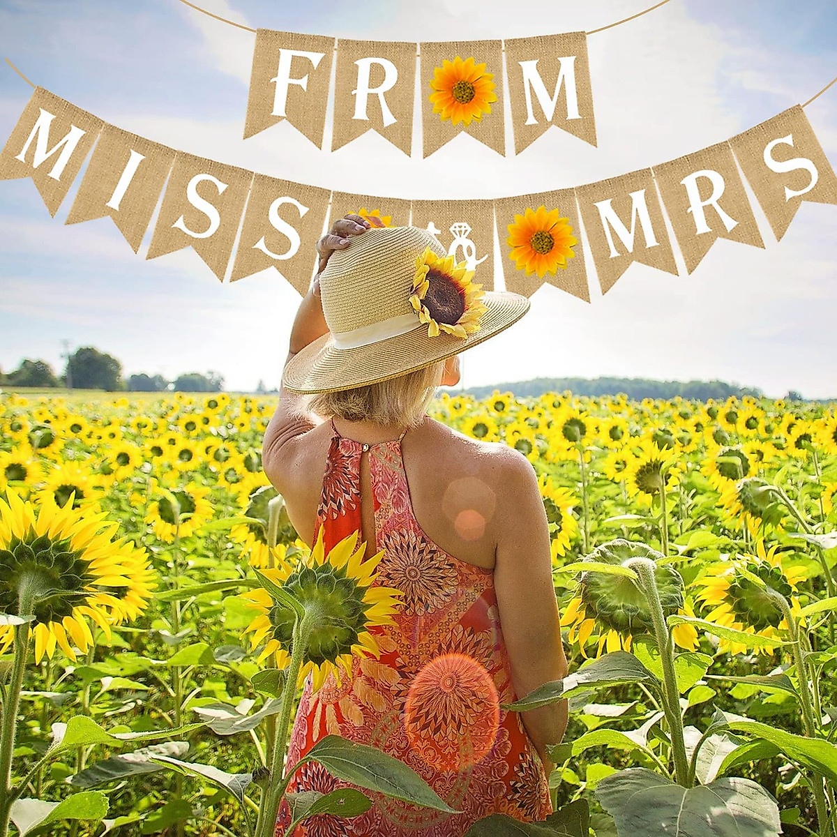 Doumeny From Miss to Mrs Burlap Banner Artificial Sunflower Bunting Garland Bridal Shower Party Banner Jute Wedding Bunting Banner for Bachelorette Engagement Announcement Anniversary Party Decoration