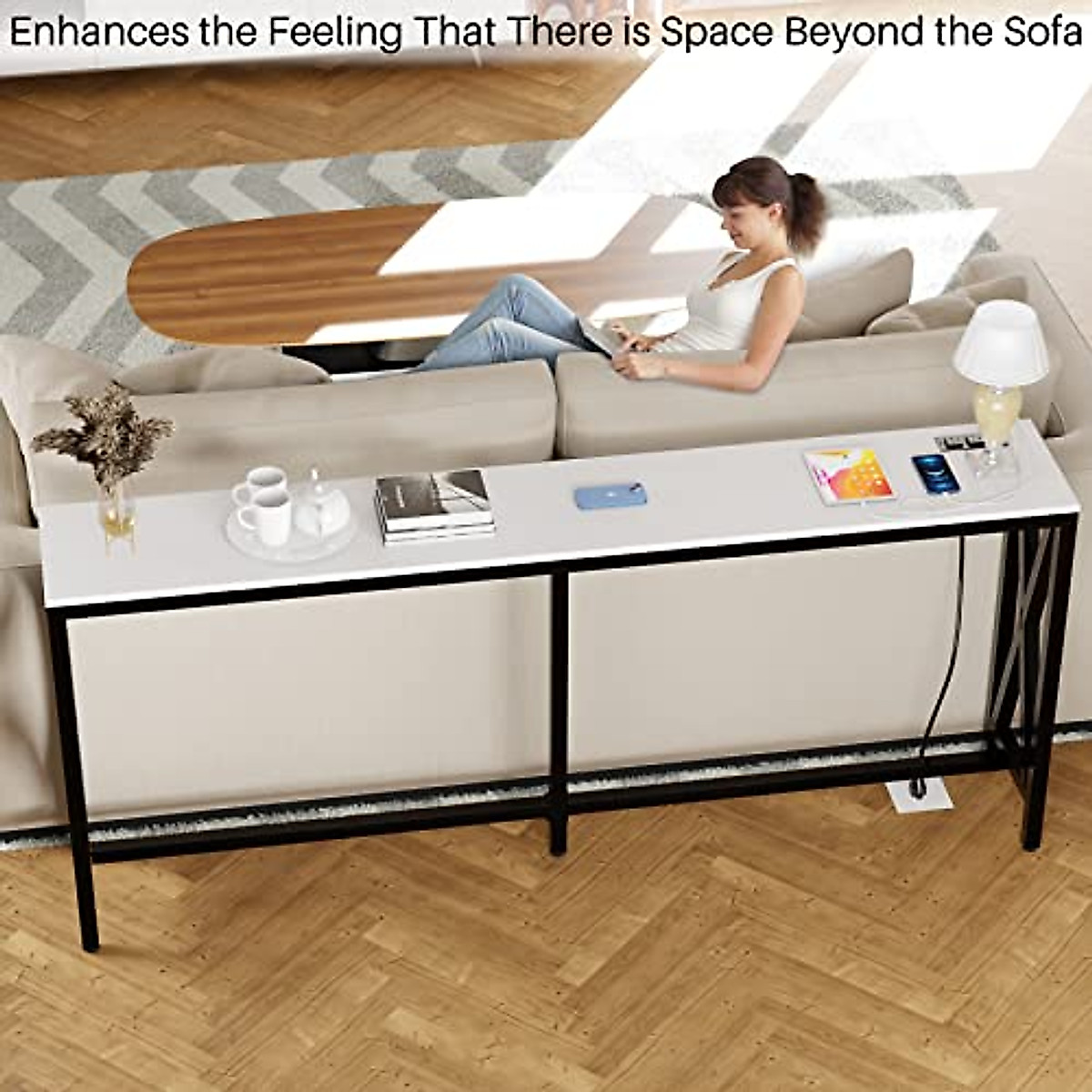 Aquzee Console Table with 2 Power Outlet and 2 USB Ports, 70.9" x 11.8" x 31.5" Steel Frame Narrow Behind Couch Sofa Table, Extra Long White Entryway Table