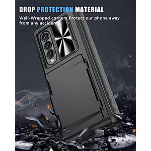 Vihibii for Samsung Galaxy Z Fold 4 5G Case with Card Holder & Sliding Camera Lens Cover, Built-in Hinge Protaction & Screen Protector & Kickstand, Case for Samsung Galaxy Z Fold 4 5G 2022 (Black)