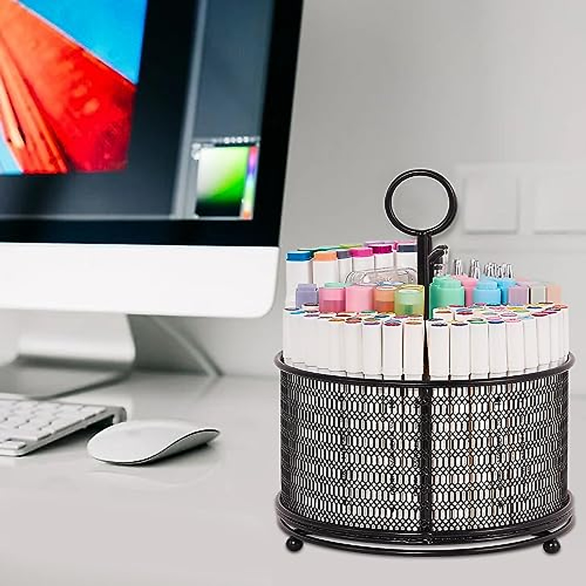 Spacrea Pencil Holder for Desk - 360°Degree Rotating Pen Organizer, Desk Organizer with 4 Compartments, Pen Holder for Desk, For School, Classroom, Office, Art Supplies(Black)